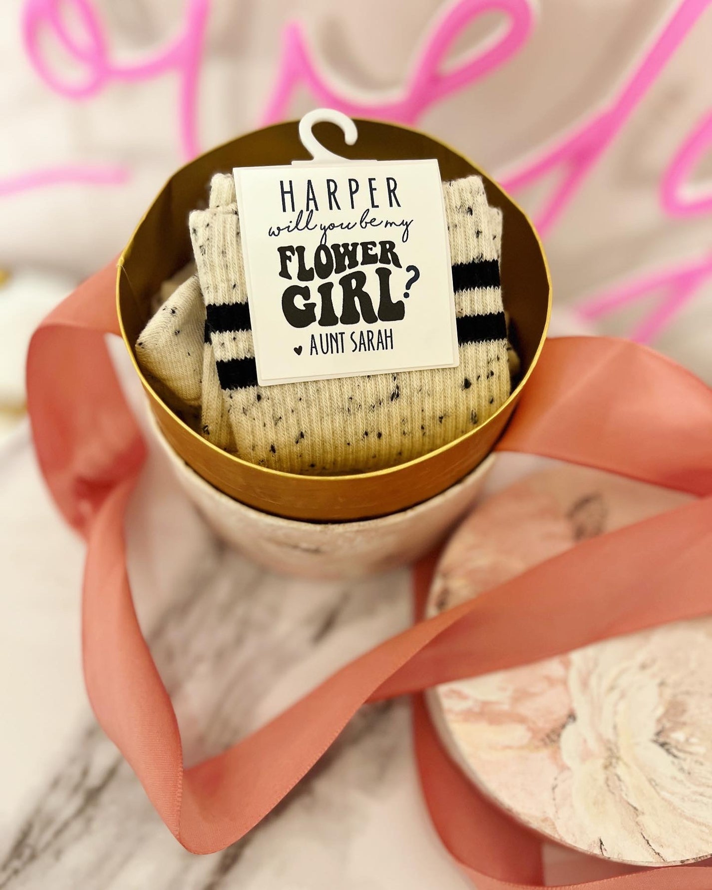 Flower Girl gripper socks with Personalized Card, floral gift box with ...