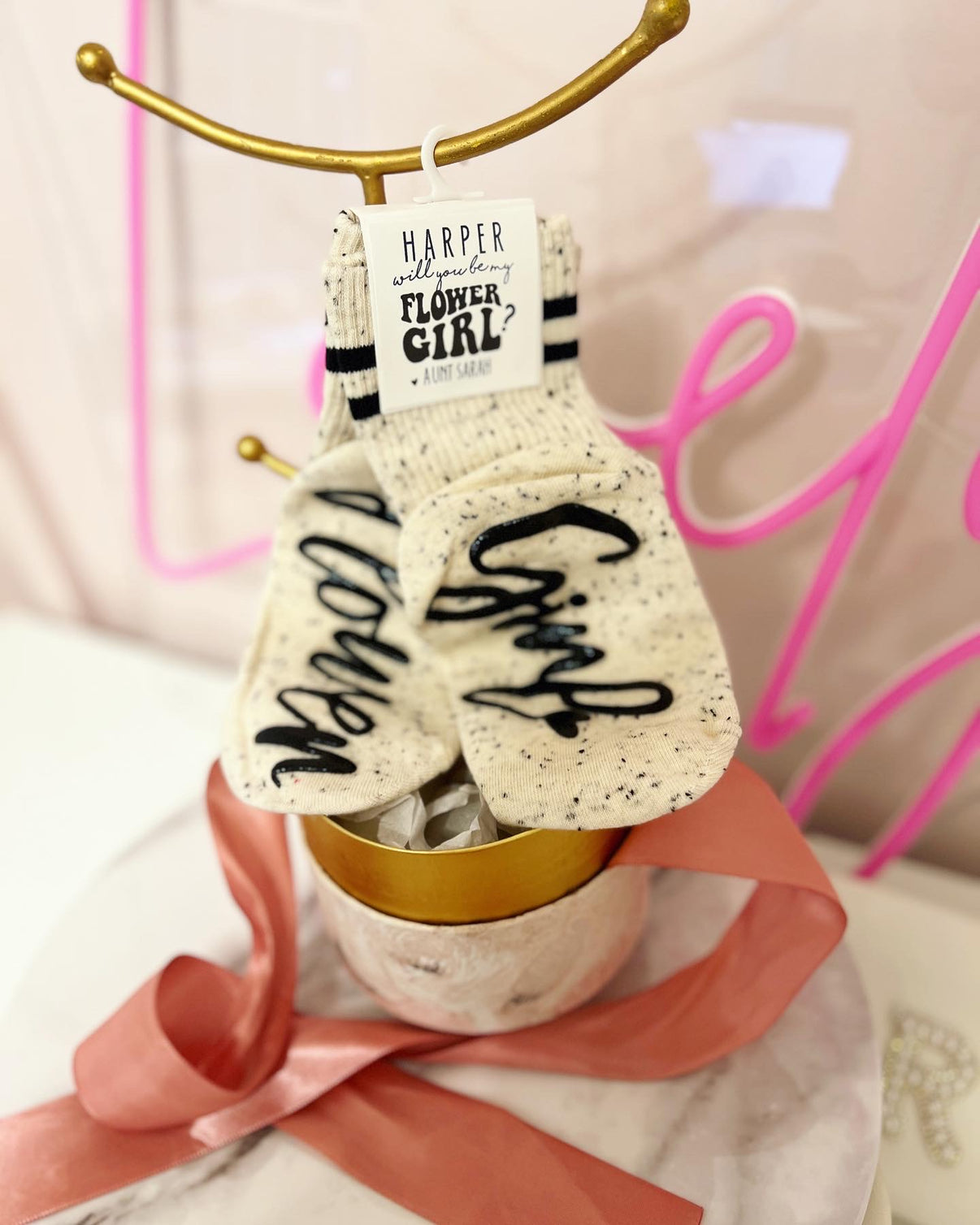 Flower Girl gripper socks with Personalized Card, floral gift box with ...