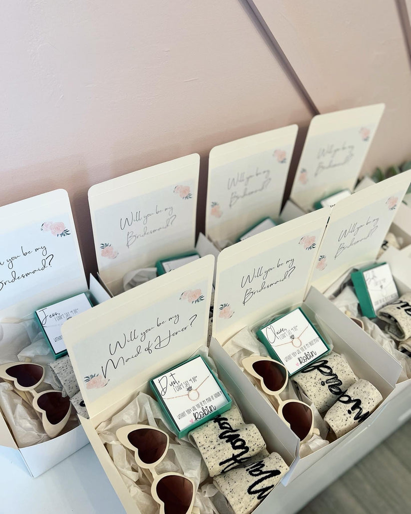 Bridesmaid Proposal Box with Socks, Glasses & Necklace – Love Leigh ...