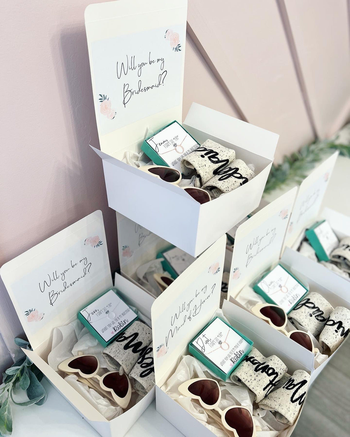 Bridesmaid Proposal Box with Socks, Glasses & Necklace – Love Leigh ...